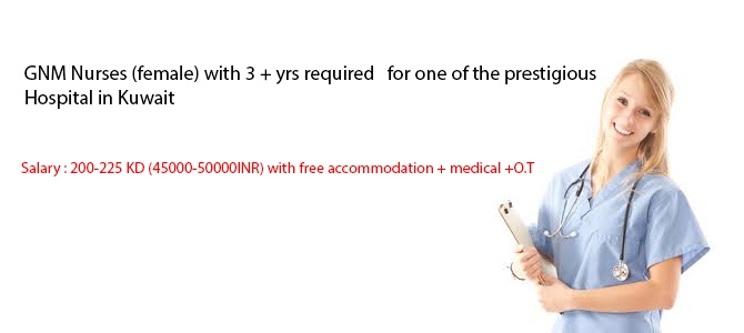 GNM Nurses (female) with 3 + yrs required for one of the prestigious ...